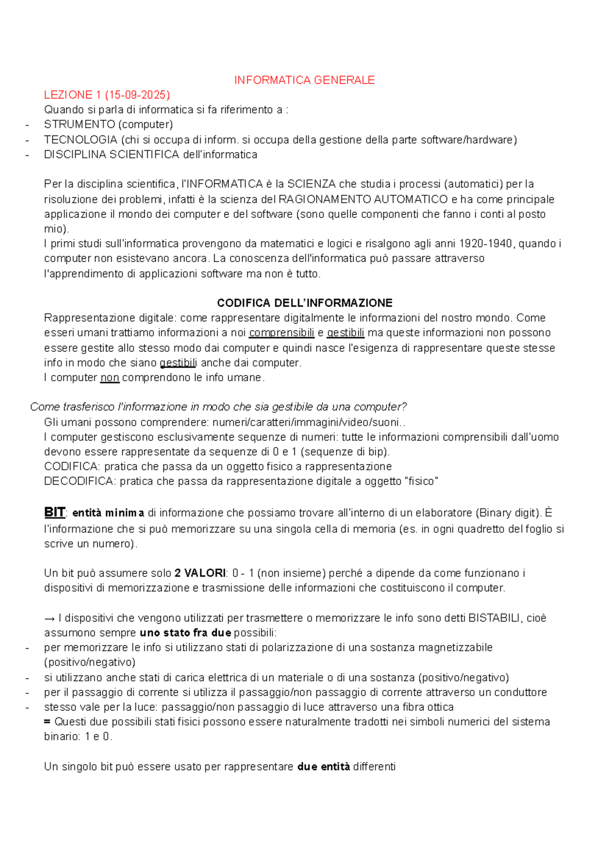 INFORMATICA GENERALE LEZIONE 1-5: Appunti e Riflessioni - Studocu