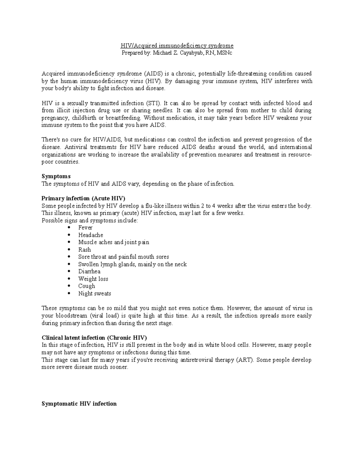 HIV AIDS - 2023 - hiv - HIV/Acquired immunodeficiency syndrome Prepared by: Michael Z. Cayabyab ...