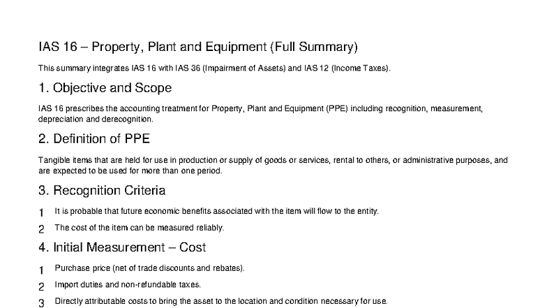 IAS 16 Full Summary: Integrating IAS 36 & IAS 12 - Studocu