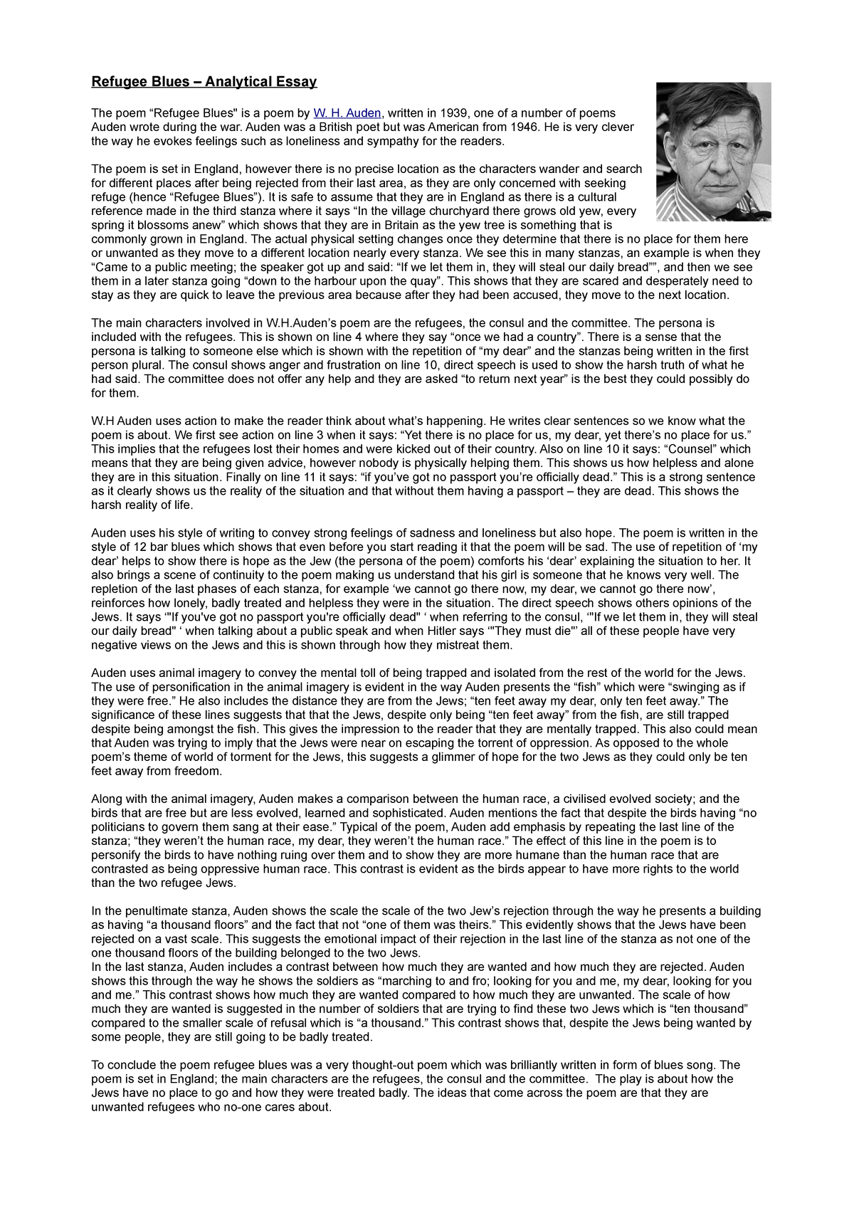 Refugee Blues (Analytical Essay) - Assignment for English 101 - Studocu