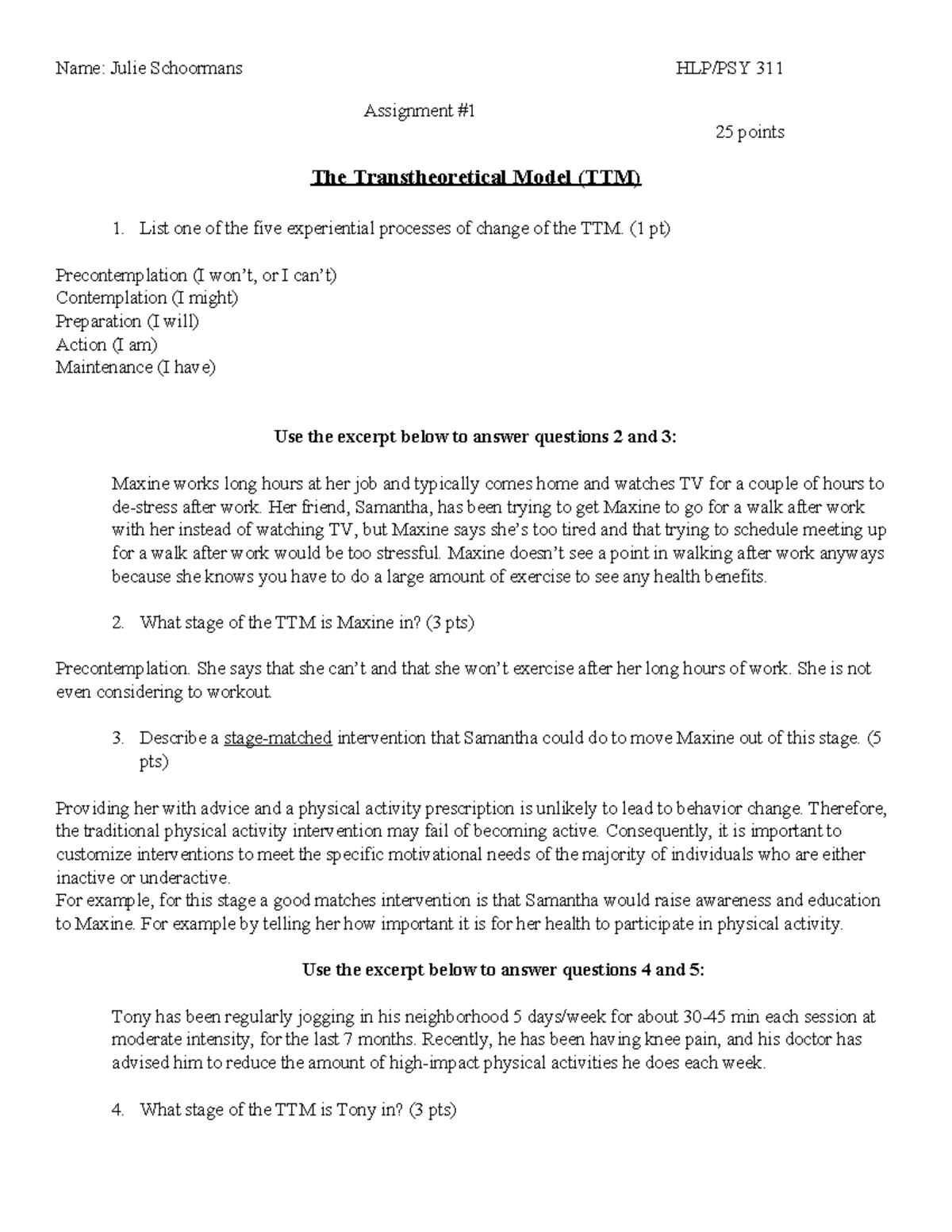 TTM Assignment: Understanding Stages of Change (311) - Studocu