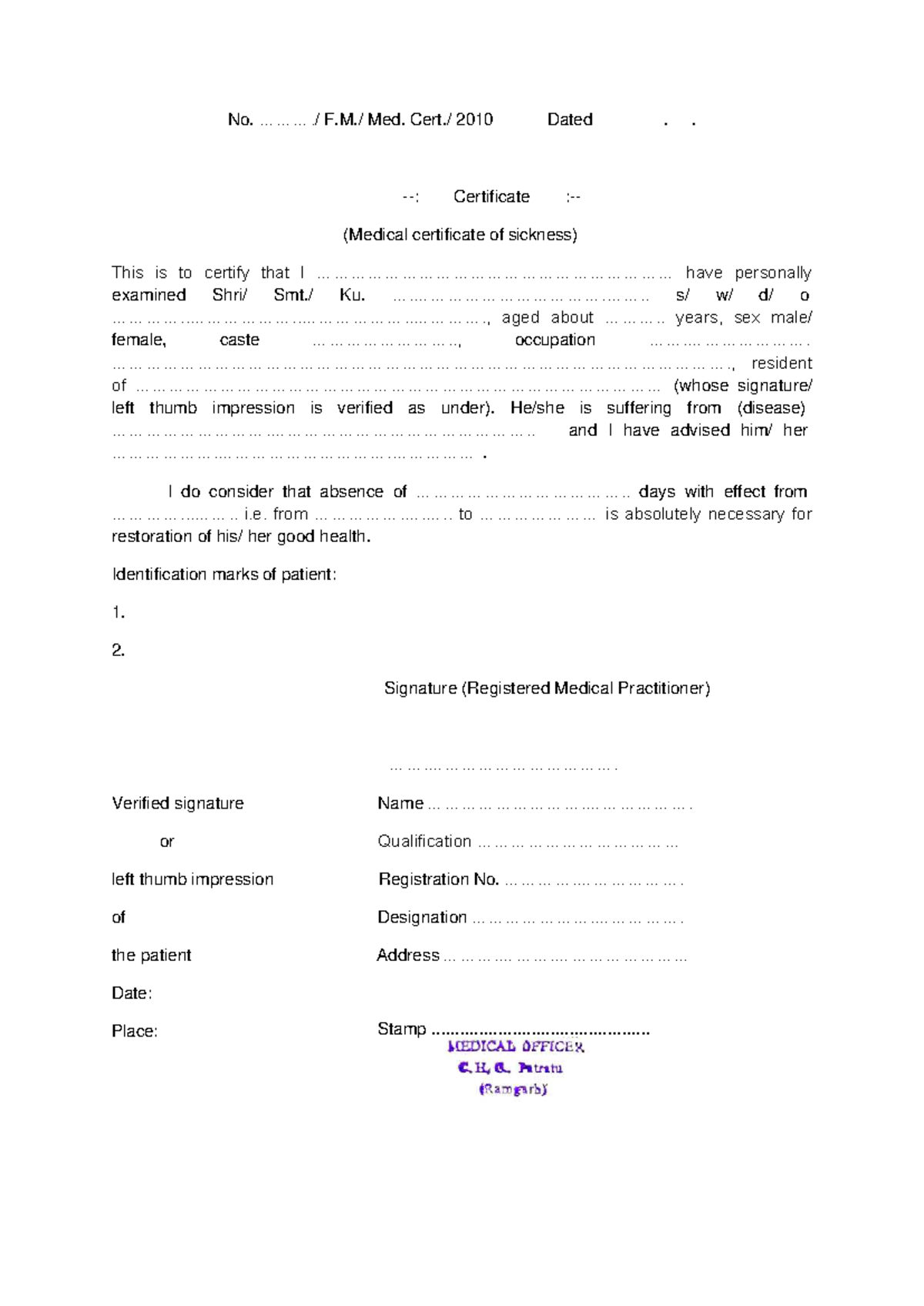Medical Certificate of Sickness - No. Med. 2010 - Studocu