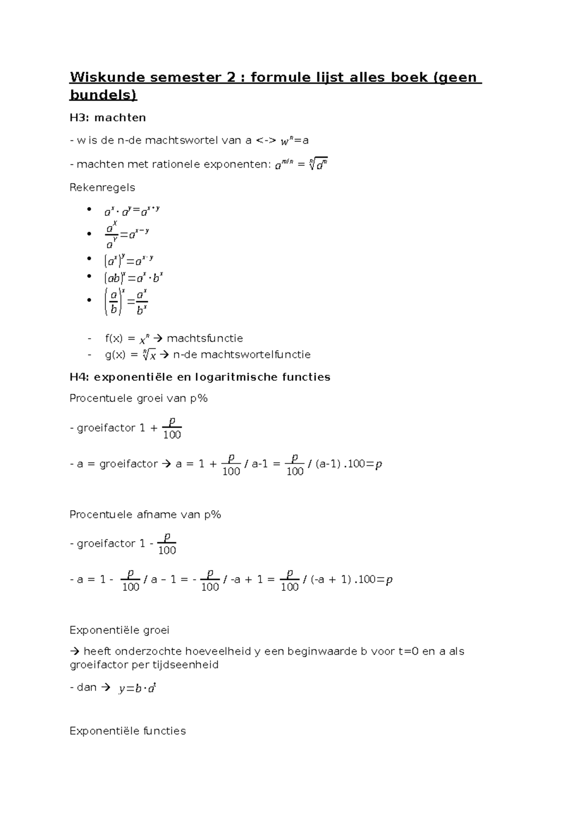 Wiskunde Semester 2: Formule Lijst voor Exponentiële en Logaritmische ...