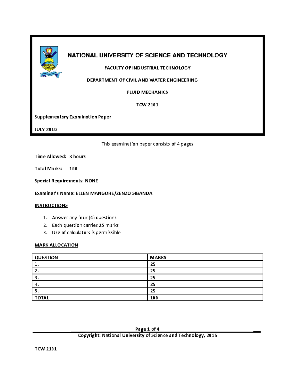 Fluid Mechanics TCW 2101 Supplementary Exam Paper - July 2016 - Studocu