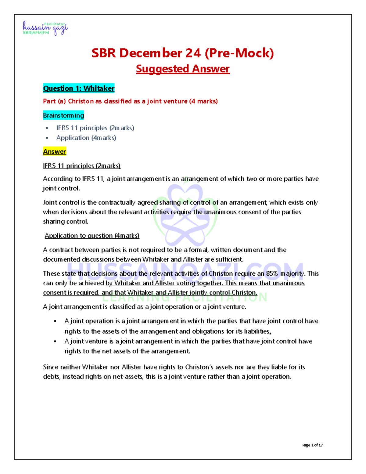 SBR D24 Final Exam - SBR Pre-Mock Answers and Analysis - Studocu