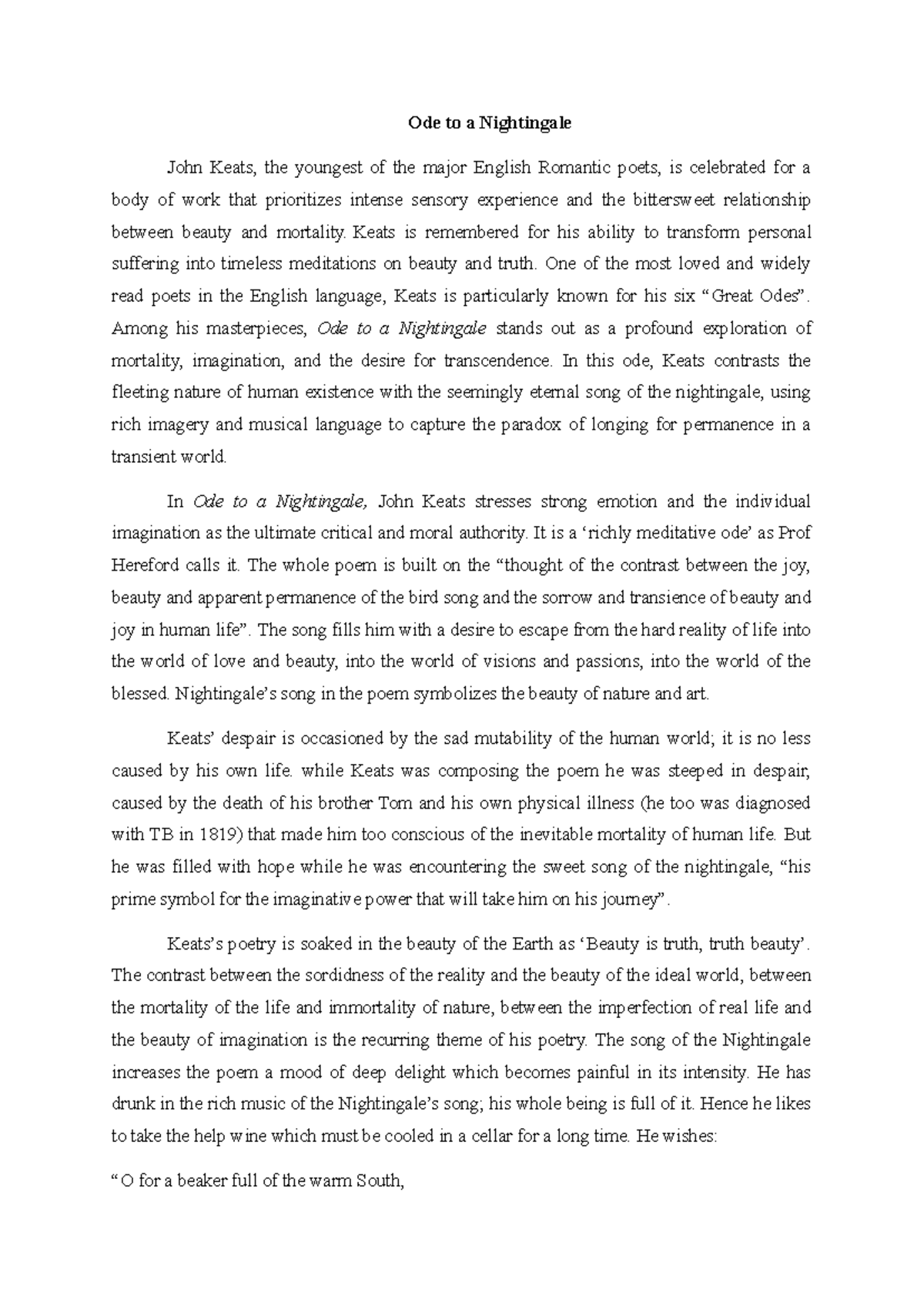 Ode to a Nightingale: An Essay on Keats' Exploration of Mortality - Studocu