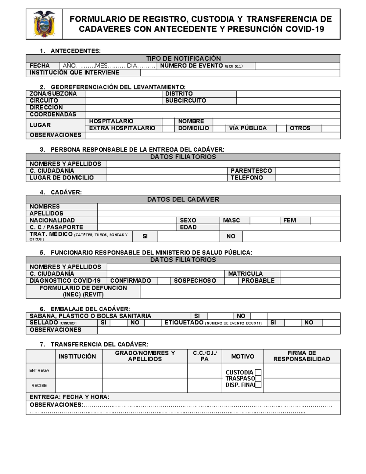 Formulario de Registro y Transferencia de Cadáveres - ECU 911 - Studocu