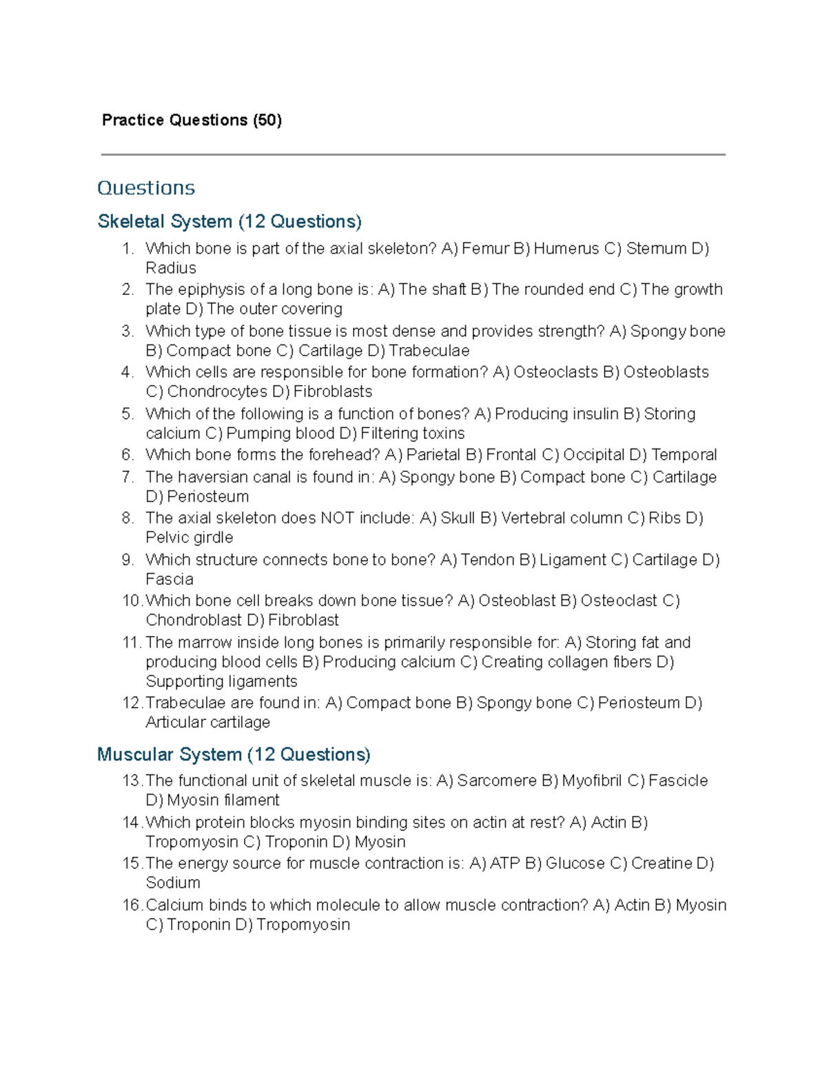 Anatomy Review Questions: Skeletal, Muscular & Nervous Systems (50 Qs ...