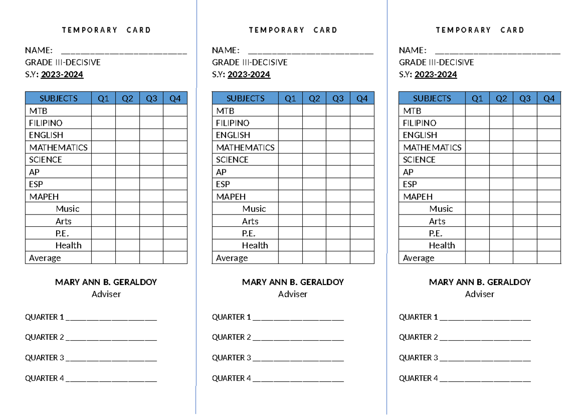 Grade III-DECISIVE Temporary Card Slip S.Y. 2023-2024 - Studocu