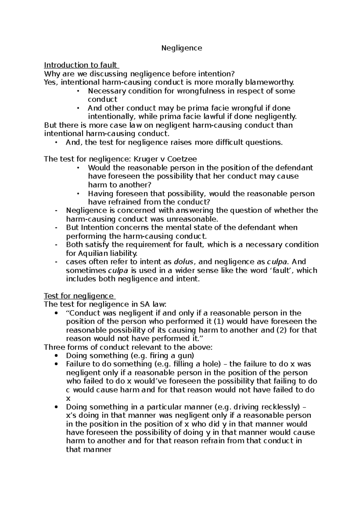 Negligence Study Notes: Understanding Fault and Legal Standards - Studocu