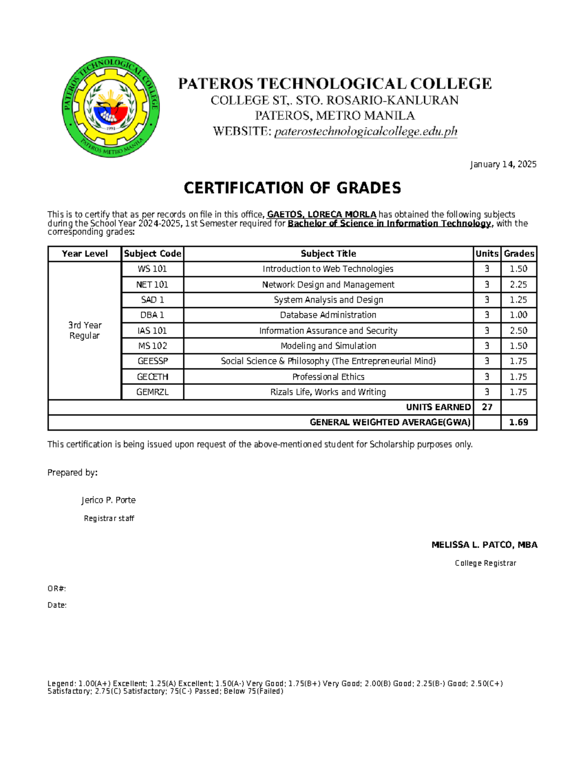 Certification of Grades for Loreca Morla - 1st Sem S.Y. 2024-2025 - Studocu