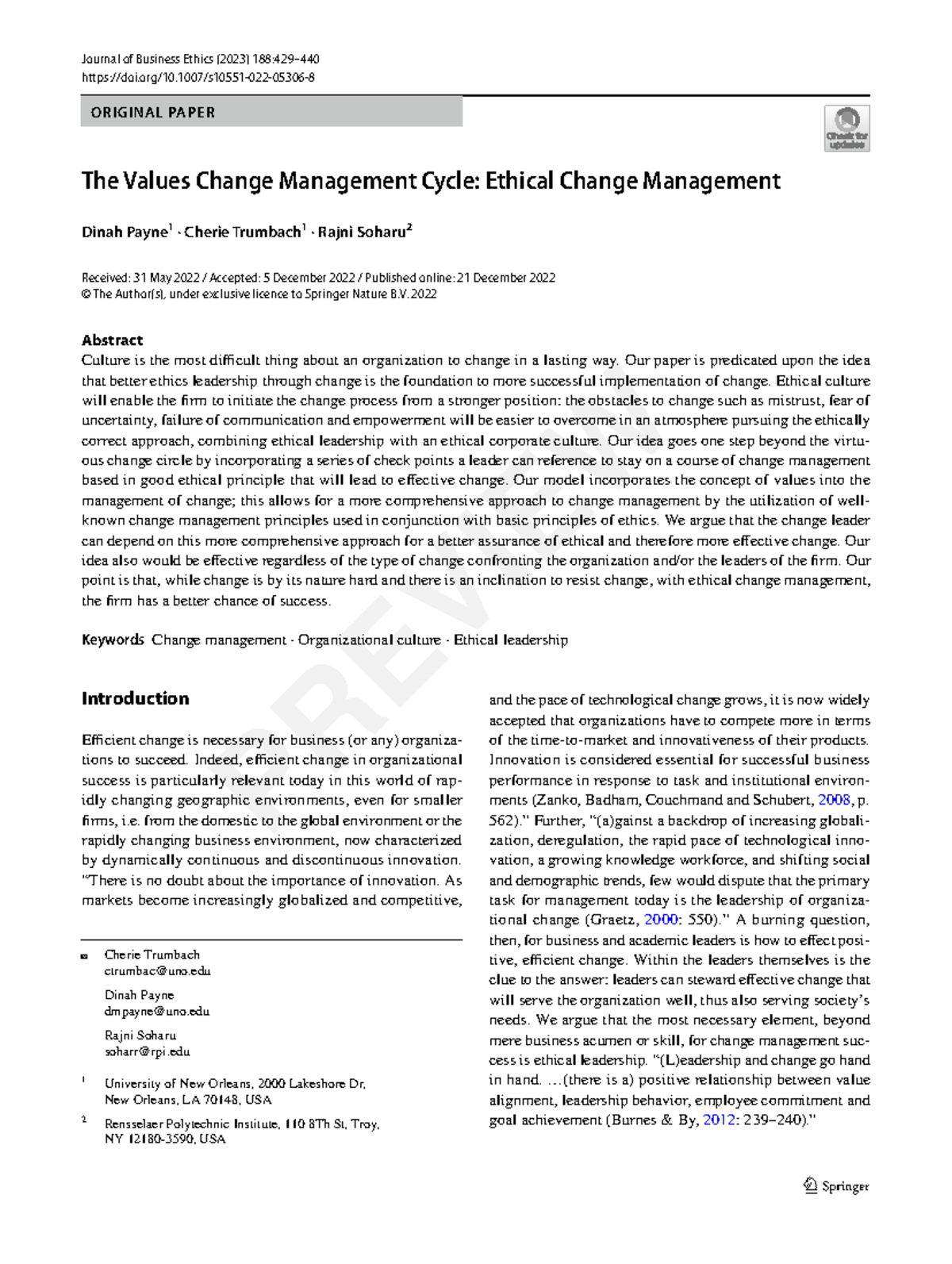 The Values Change Management Cycle: Ethical Leadership in Business ...