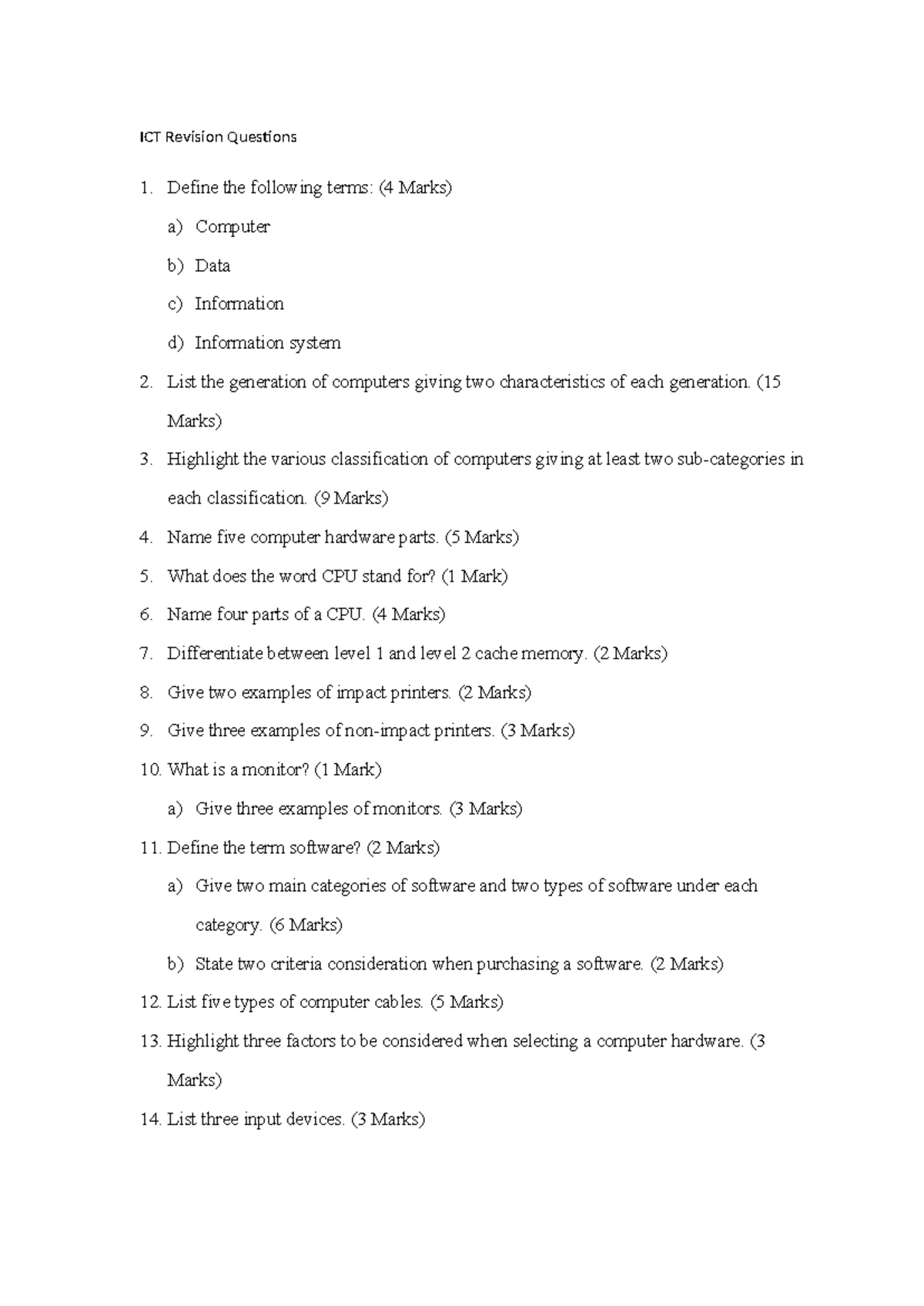 ICT Revision Questions: Key Concepts and Definitions - Studocu