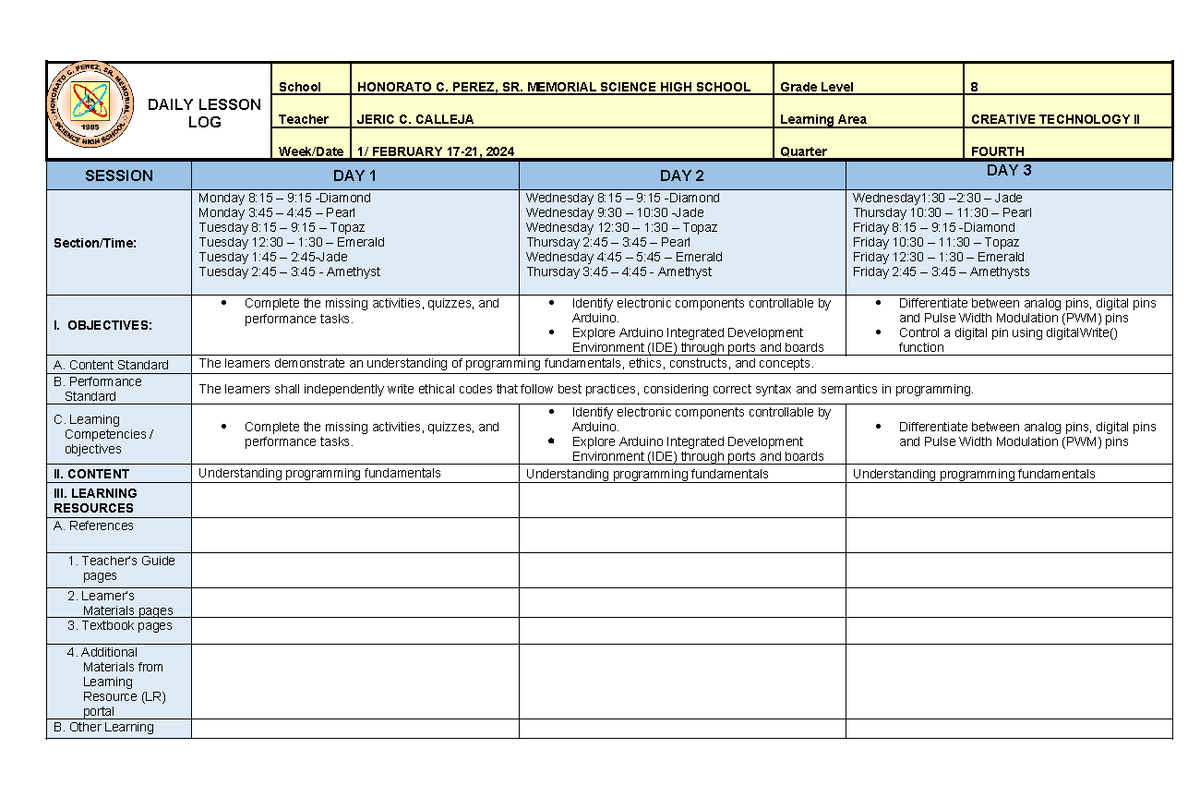 DLL CREATIVE TECH II WEEK 1 - Lesson Plan and Daily Log - Studocu