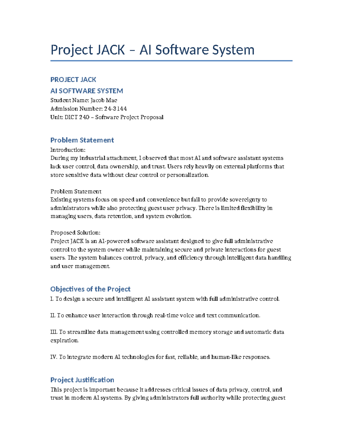 Project JACK AI Software System Proposal - DICT 240 Notes - Studocu