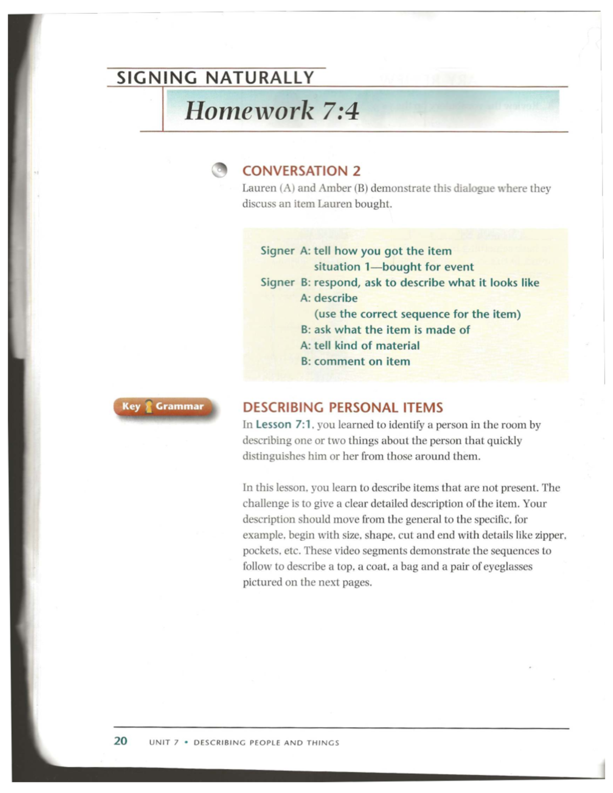 SIGNING NATURALLY Homework 7:4 - Describing Personal Items and Dialogue ...