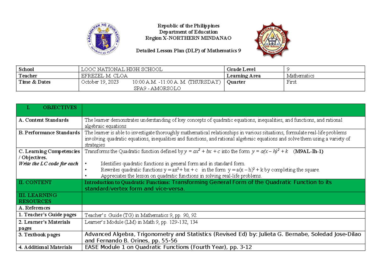 MATH 9 Detailed Lesson Plan: Transforming Quadratic Functions - Studocu