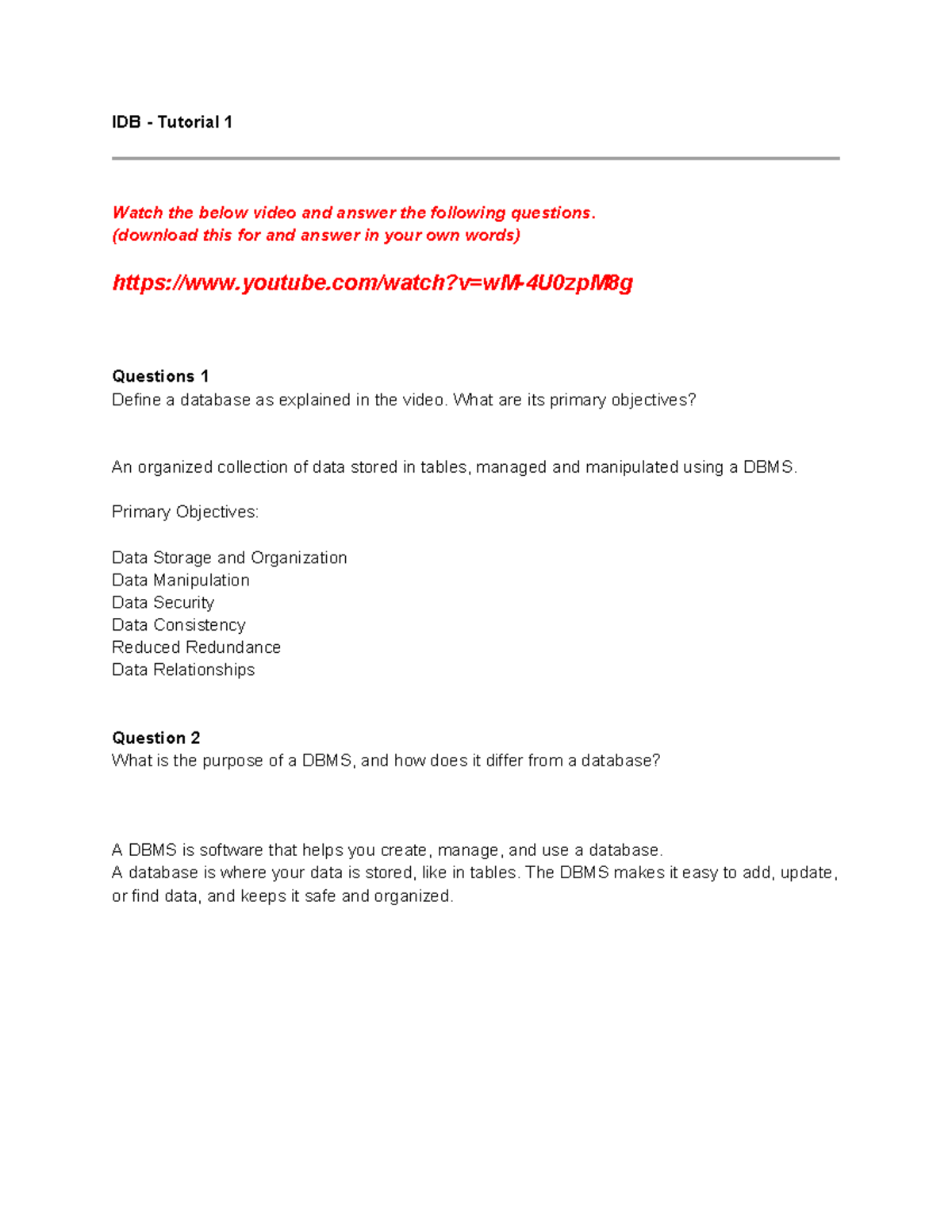 IDB Tutorial 1: Intro to Databases & DBMS Concepts - Studocu
