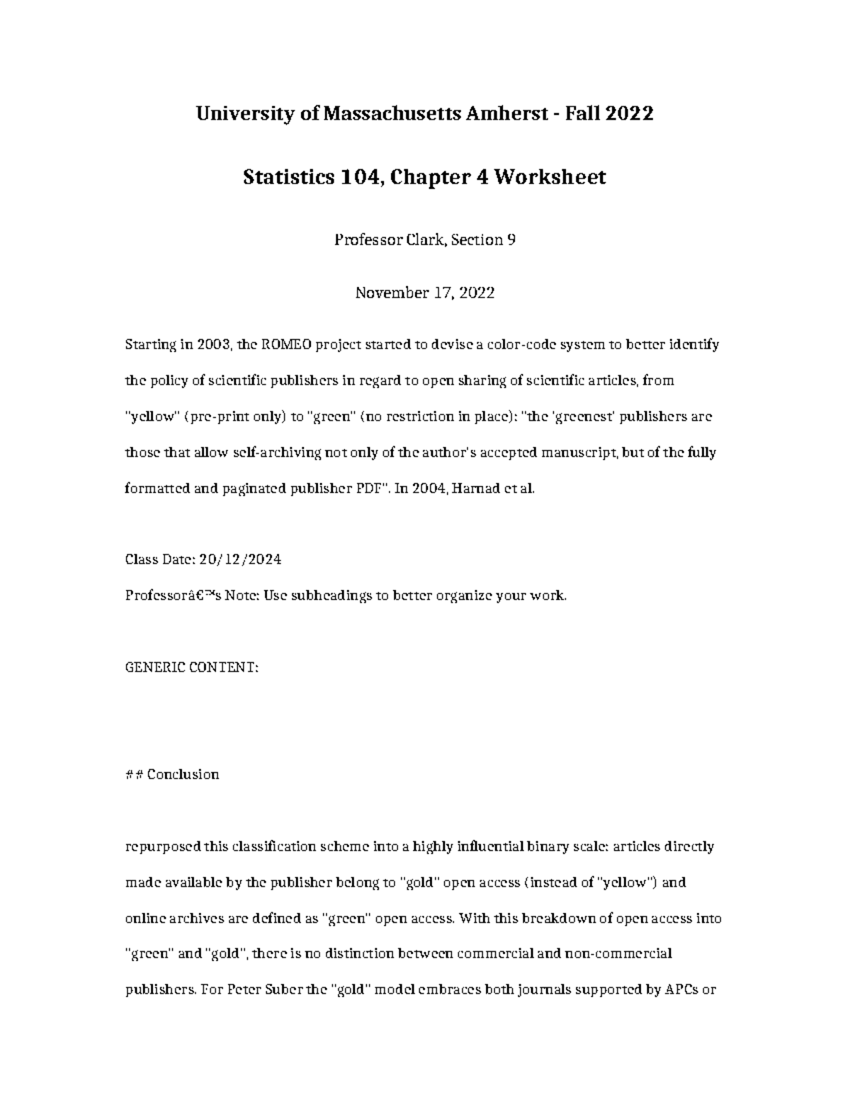 UMass Amherst Fall 2022 Stats 104: Chapter 4 Worksheet Insights - Studocu