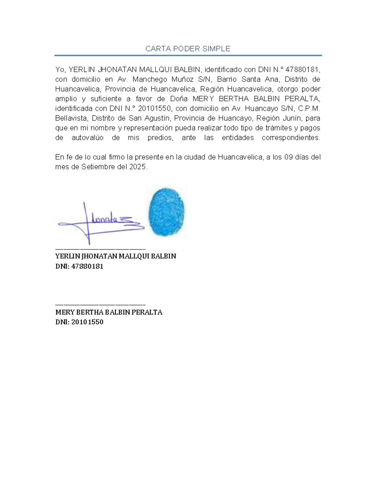 CARTA PODER SIMPLE - Química - YERLIN JHONATAN MALLQUI BALBIN - Studocu