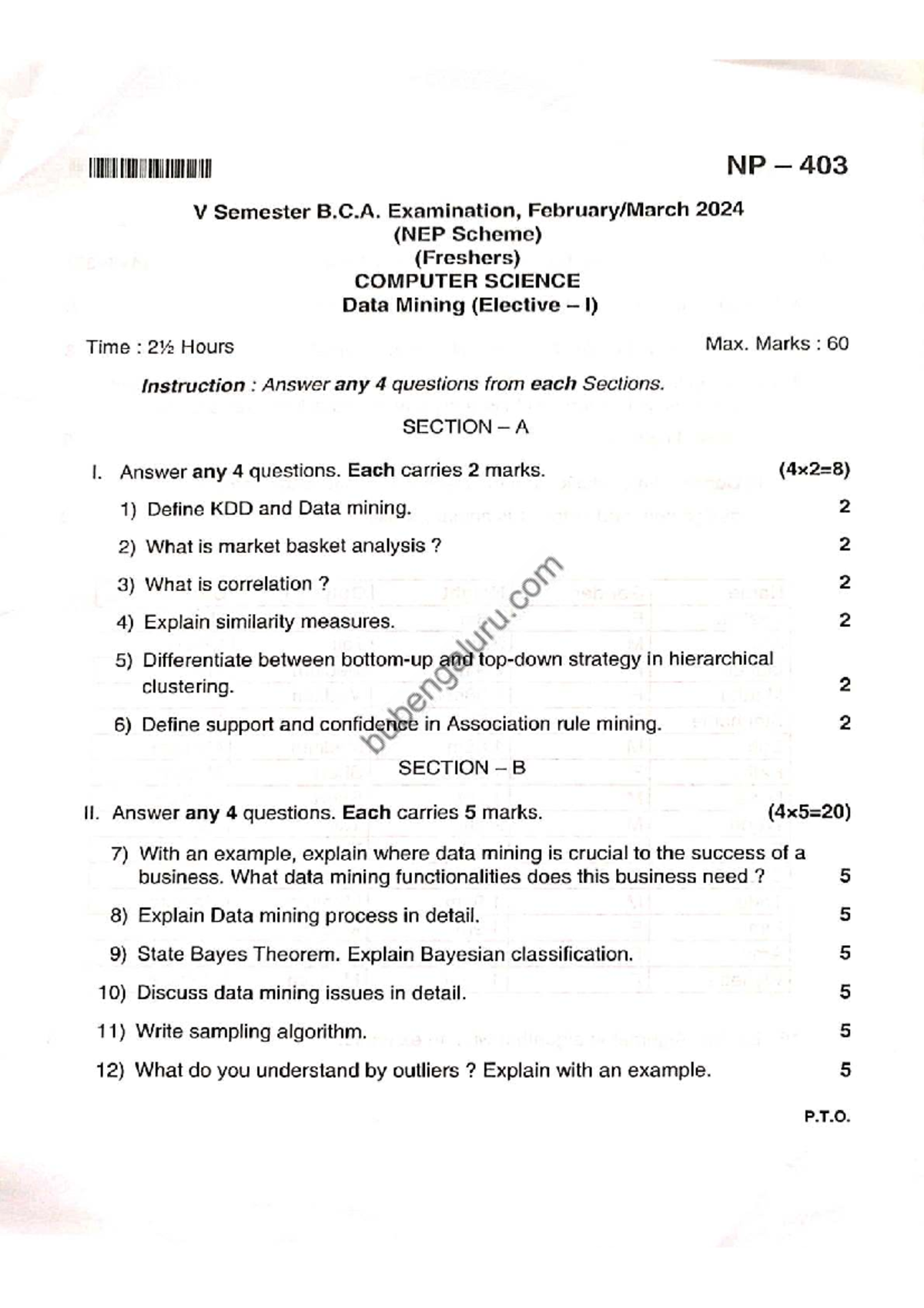 NP 403 V BCA 5th Sem Final Exam: Data Mining 2024 - Studocu