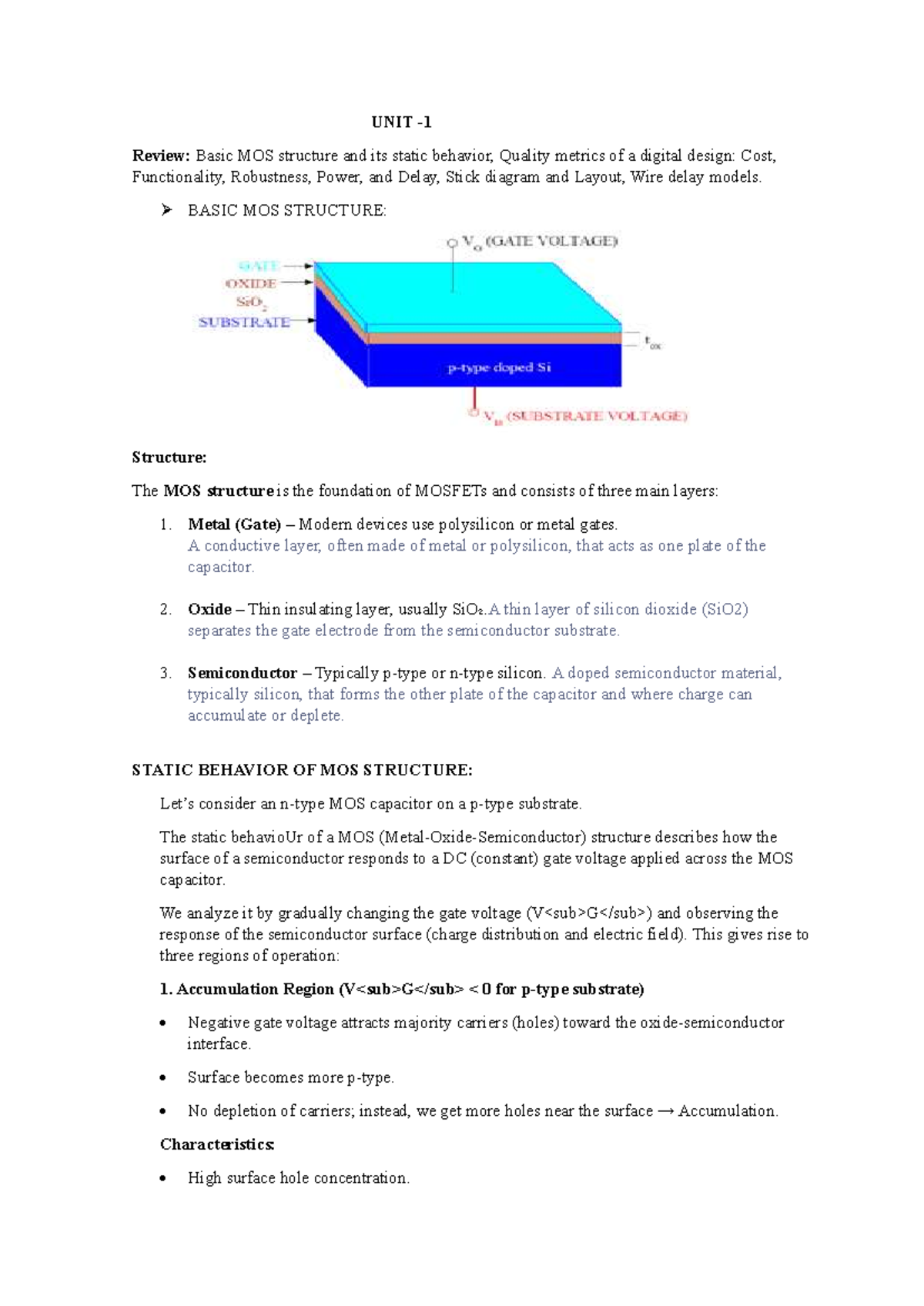 CMOS UNIT-1: Review of Basic MOS Structure, Behavior, and Metrics - Studocu