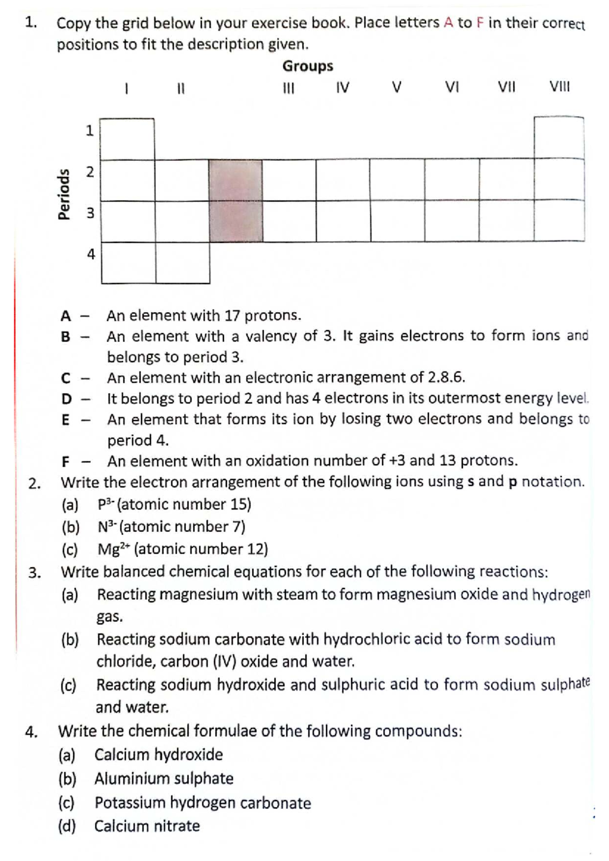 Chemistry Exercise: Element Positioning & Reactions (CHEM 177) - Studocu