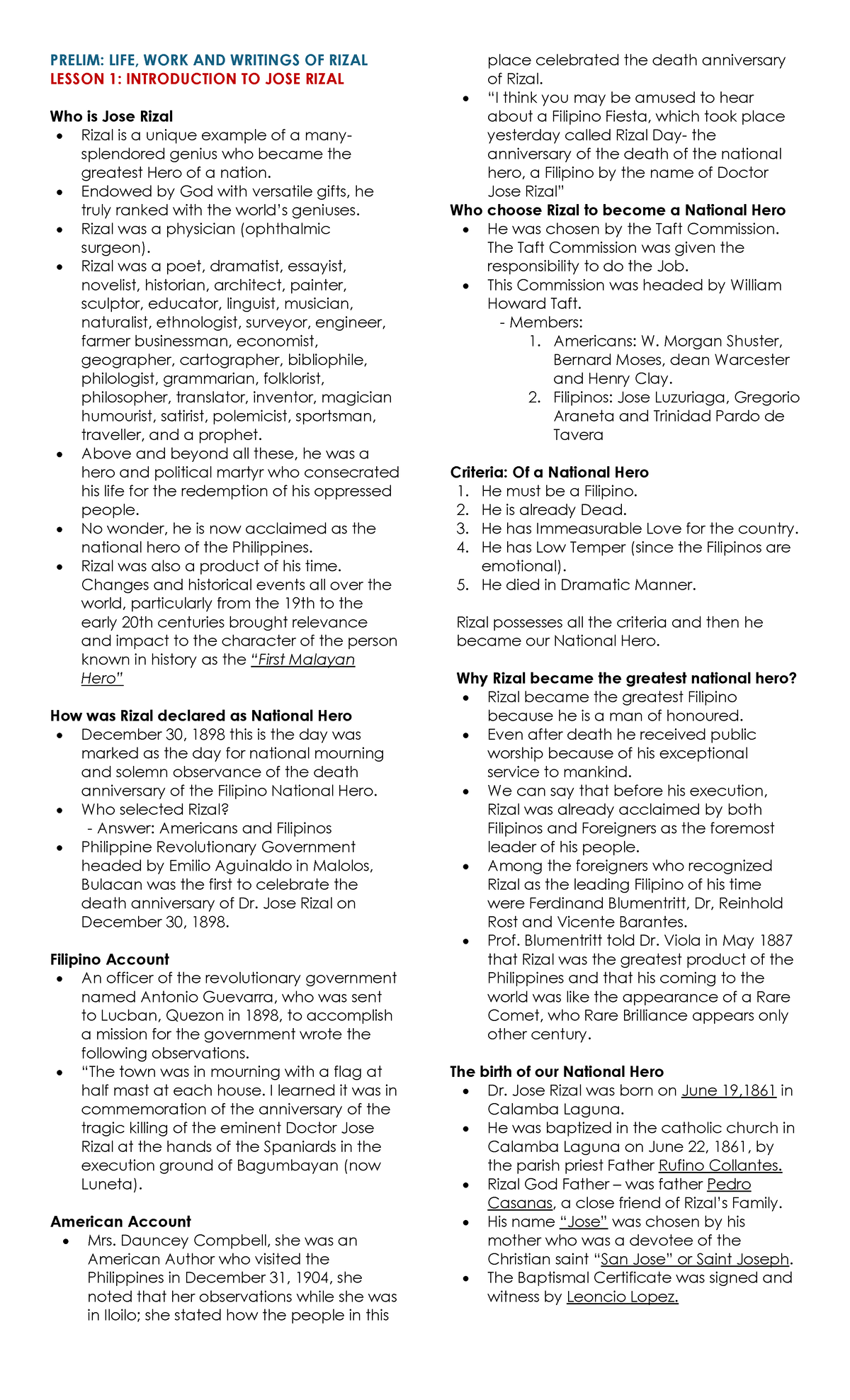 Lesson 1: Intro to Jose Rizal's Life and Legacy (PRELIM) - Studocu