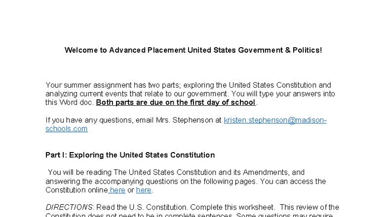 AP Government (APG) Summer Assignment: Exploring the U.S. Constitution ...