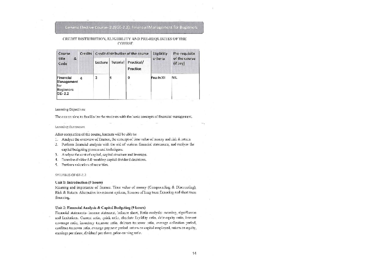 Financial Management for Beginners: Course Overview and Syllabus - Studocu