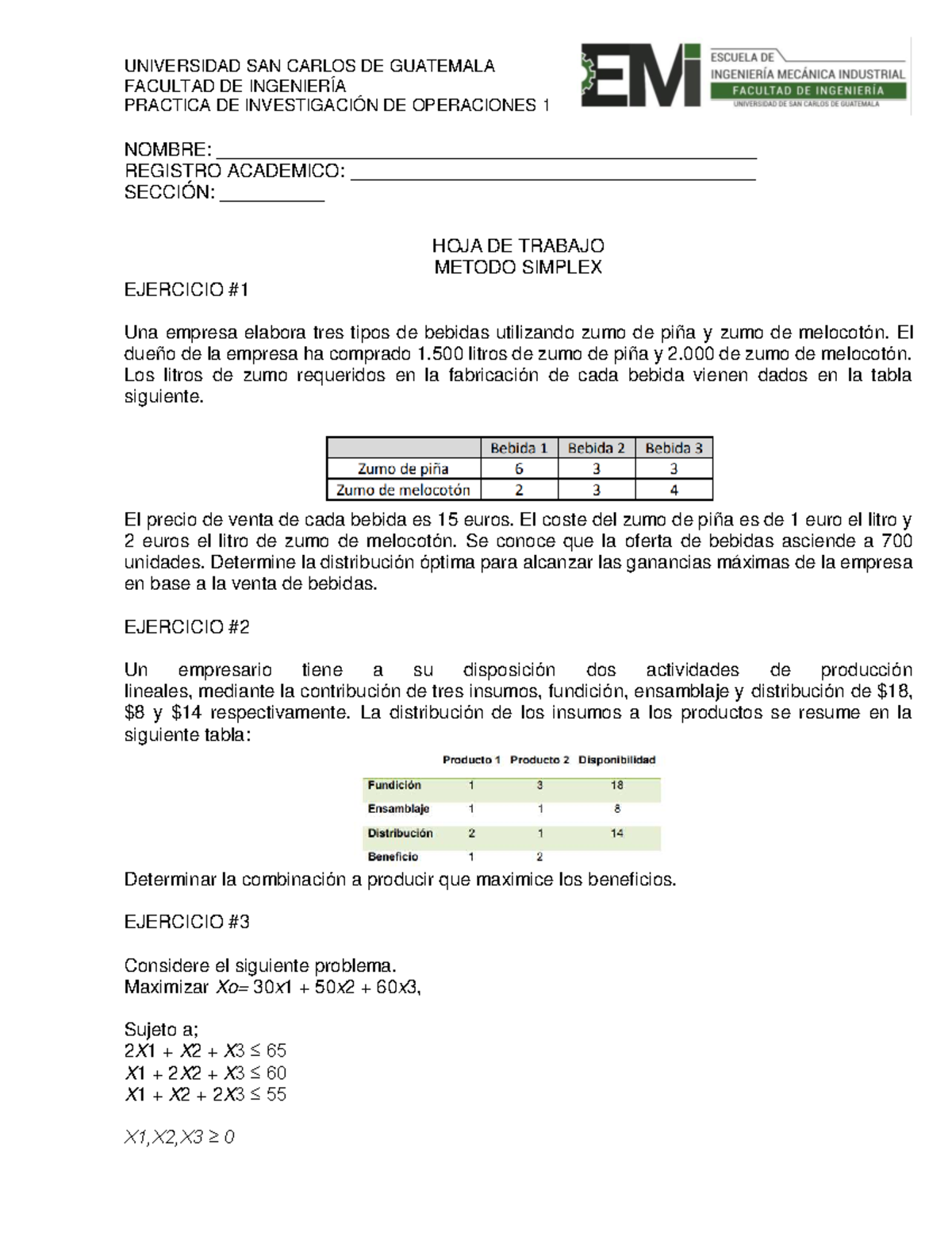 HOJA DE TRABAJO: MÉTODO SIMPLEX - PRÁCTICA DE INVESTIGACIÓN DE ...
