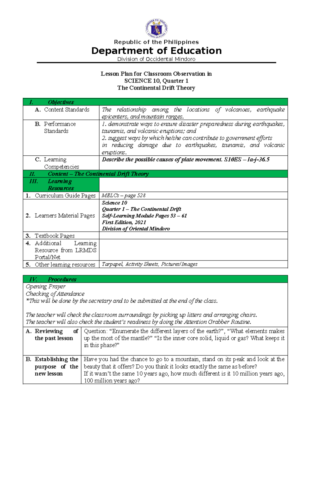 Lesson Plan in Science 10 - Q1 - Republic of the Philippines Department ...