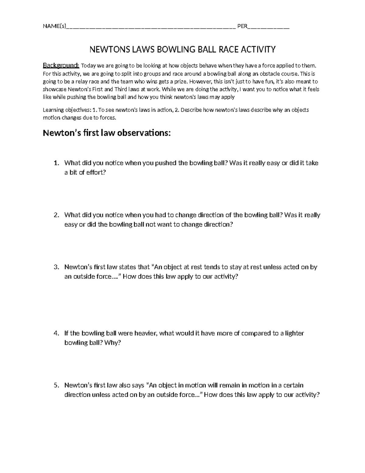 Newton's Laws: Bowling Ball Race Activity Overview - Studocu