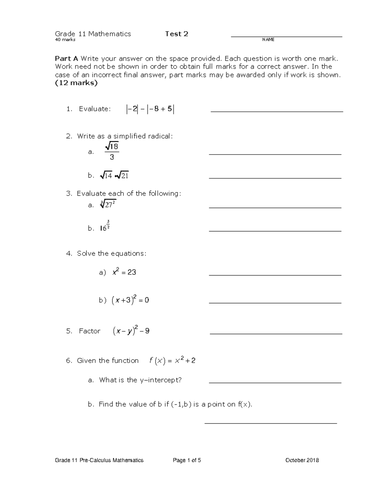 Grade 11 Test 02 Oct 2018 - Grade 11 Mathematics Test 2 ...