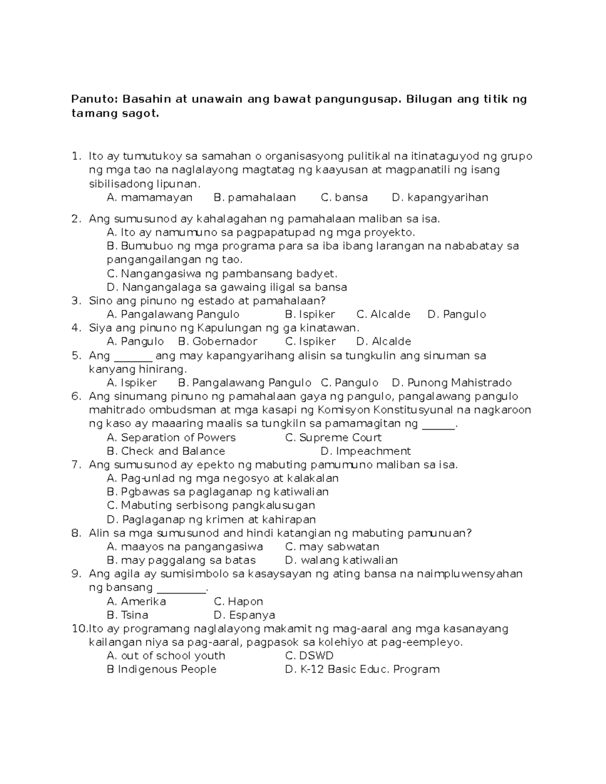 AP4 test questions, answers with TOS - Panuto: Basahin at unawain ang ...