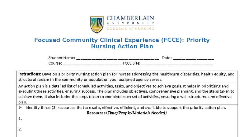 FCCE Priority Nursing Action Plan Template for Community Health Equity ...