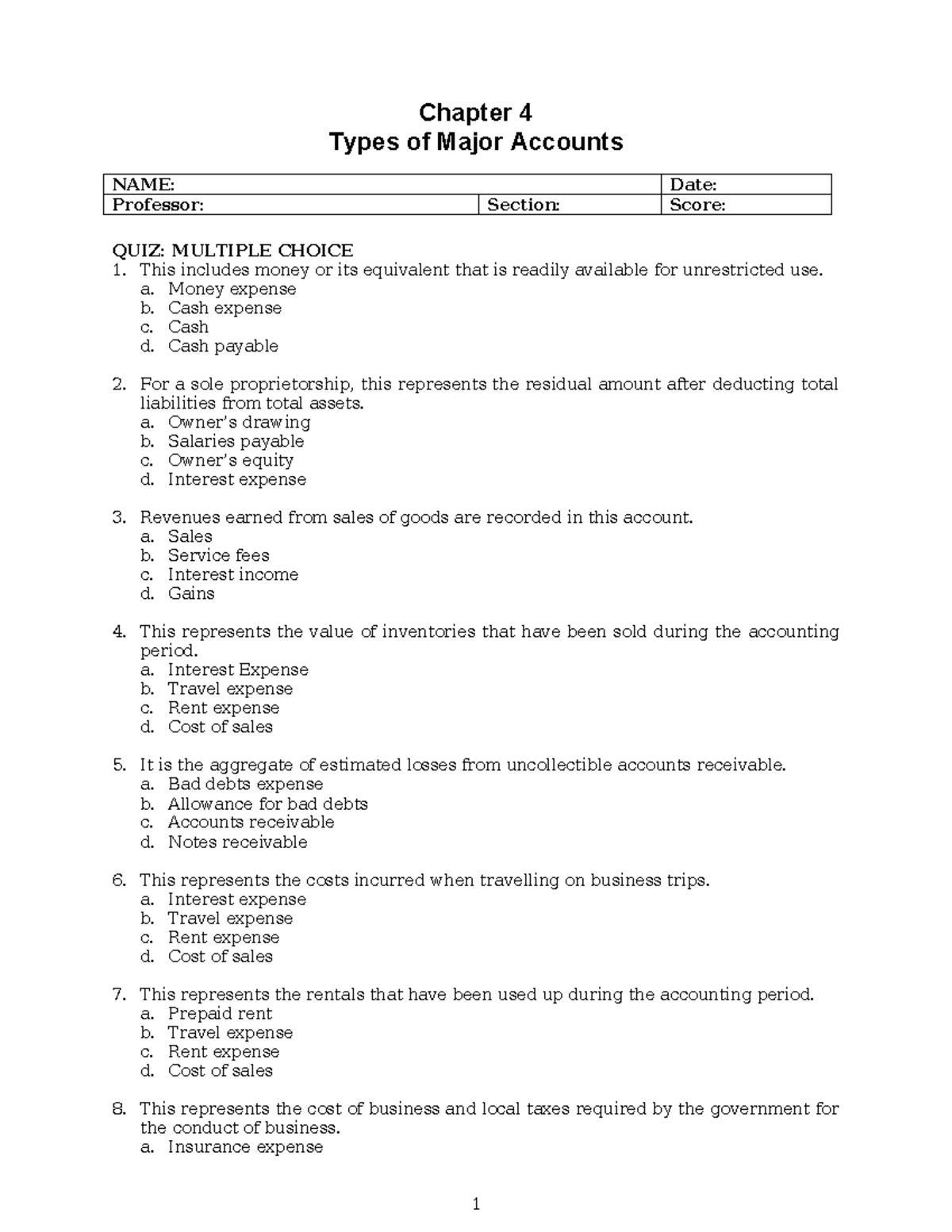 Seatwork Chapter-4 Types-OF- Major- Accounts - Chapter 4 Types of Major Accounts NAME: Date ...