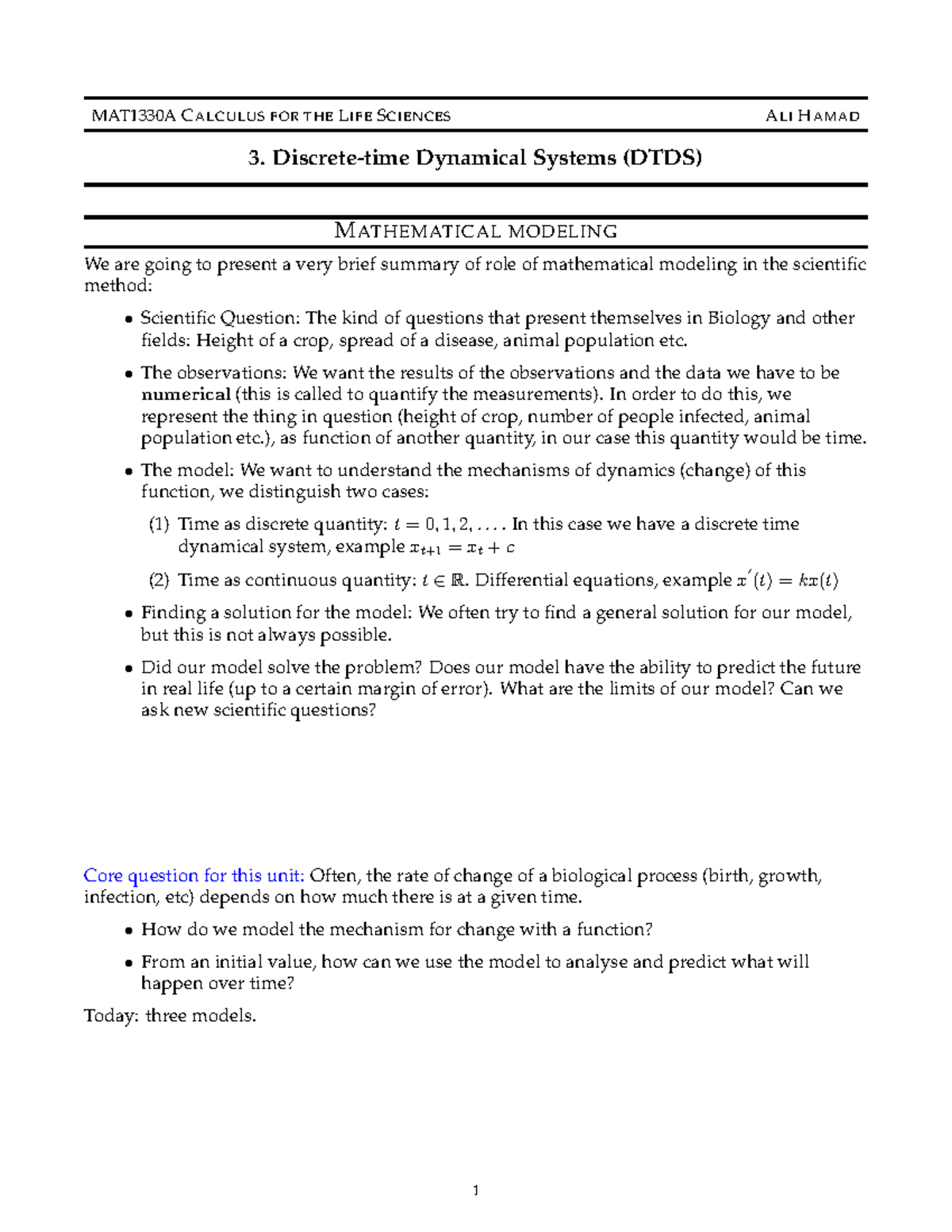 MAT1330 Lecture 3: Dynamical Systems in Mathematical Modeling - Studocu