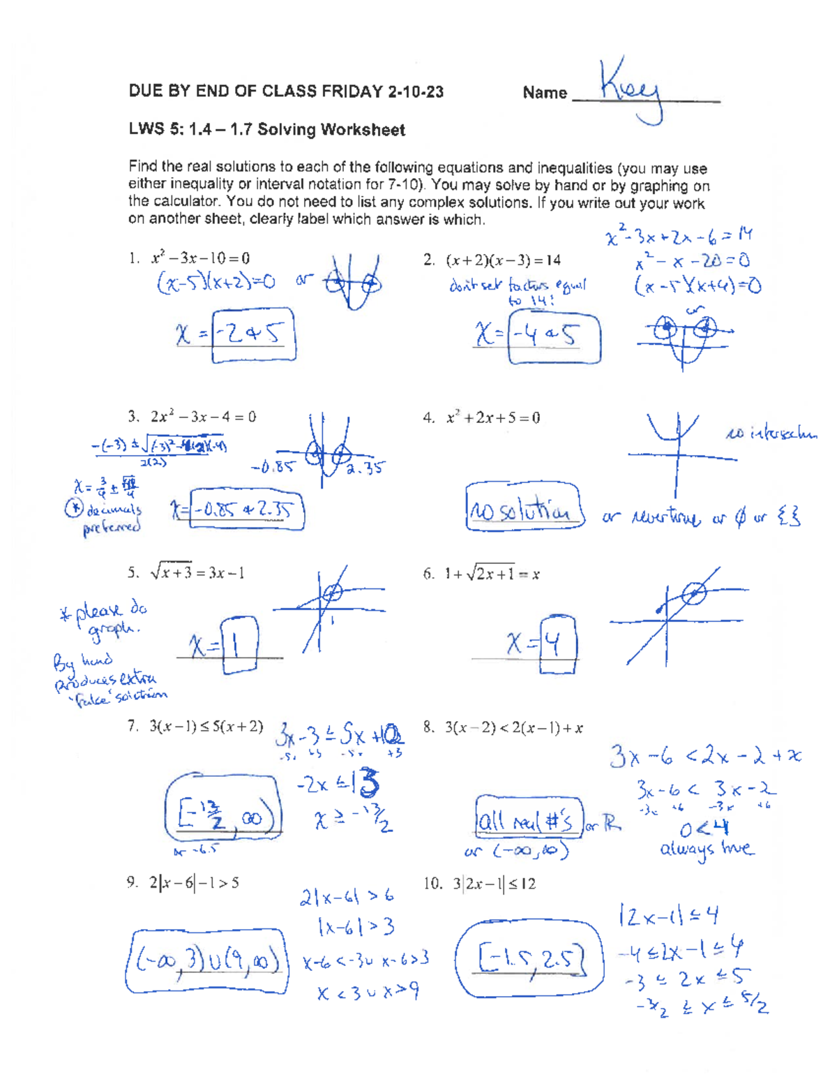 LWS 5: Key Lab Worksheet for Real Solutions and Inequalities - Studocu