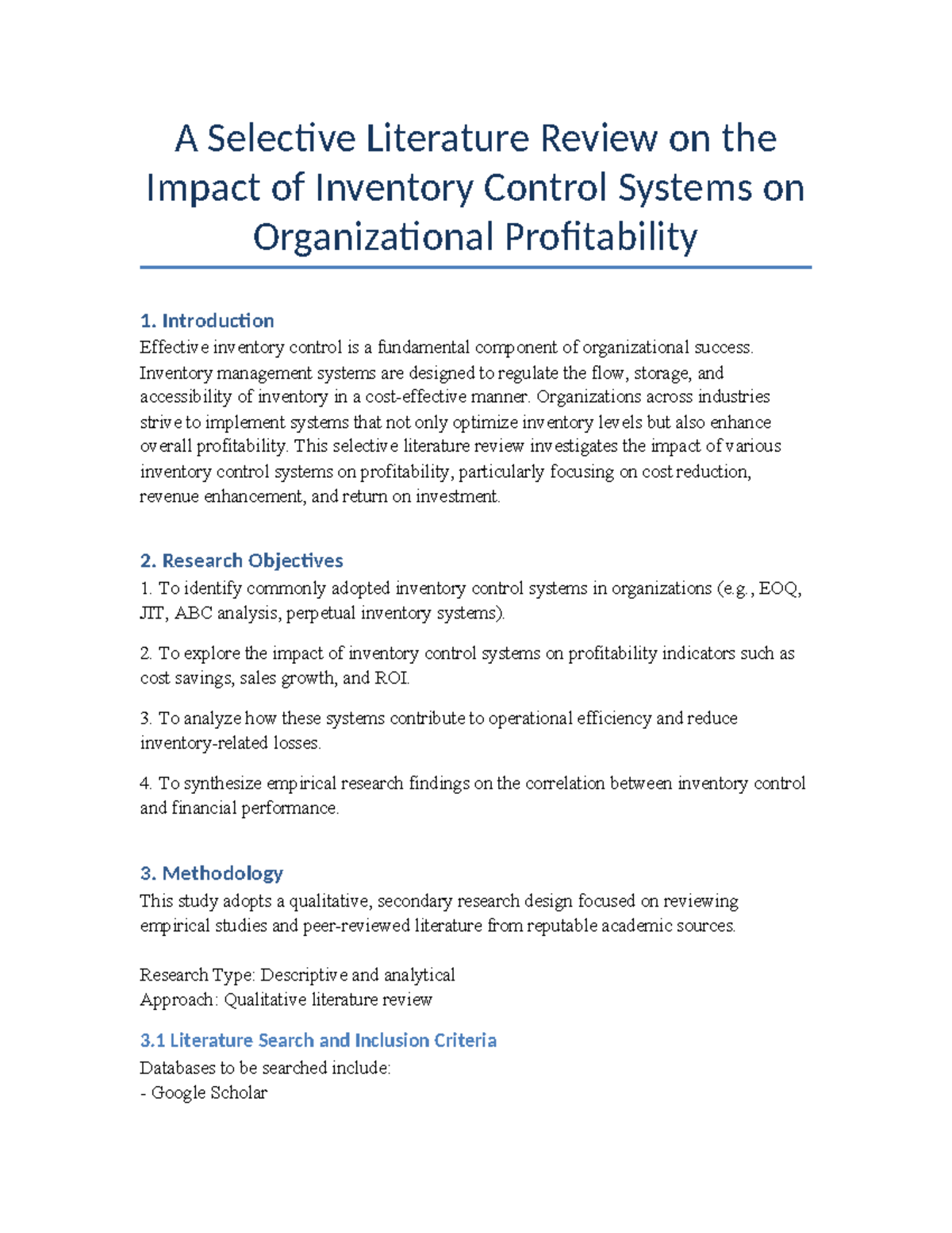 Selective Literature Review on Inventory Control & Profitability - Studocu