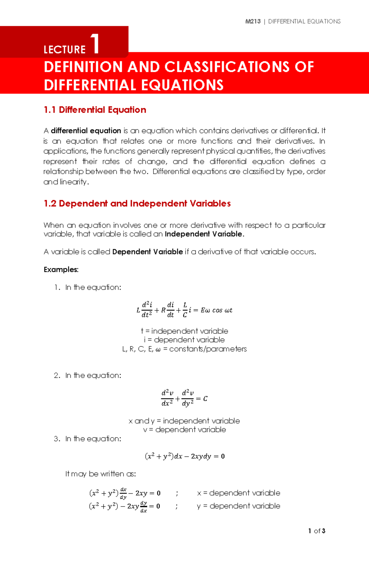 Lecture 1 Definition And Classifications Of Differential Equations
