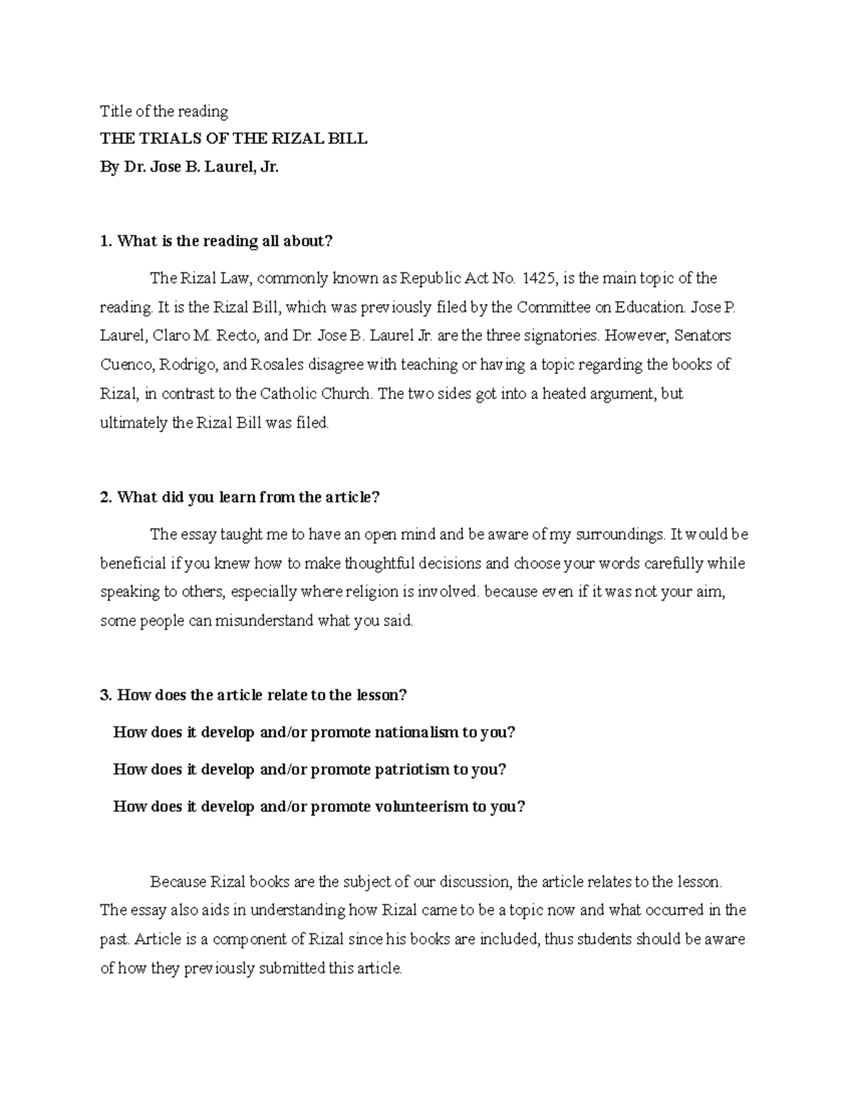 Worksheet 1A - Rizal's Life - Title of the reading THE TRIALS OF THE ...