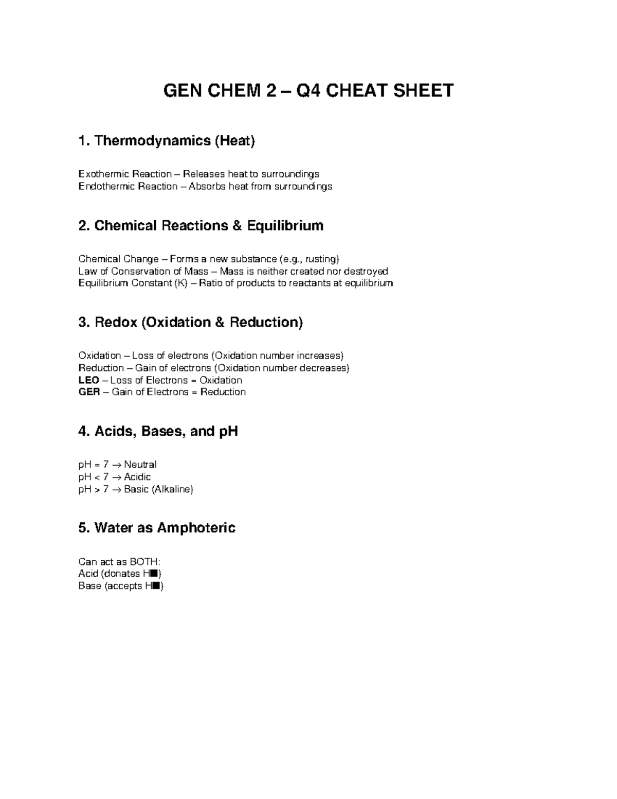 GEN CHEM 2 Q4 THERMODYNAMICS & REACTIONS CHEAT SHEET - Studocu