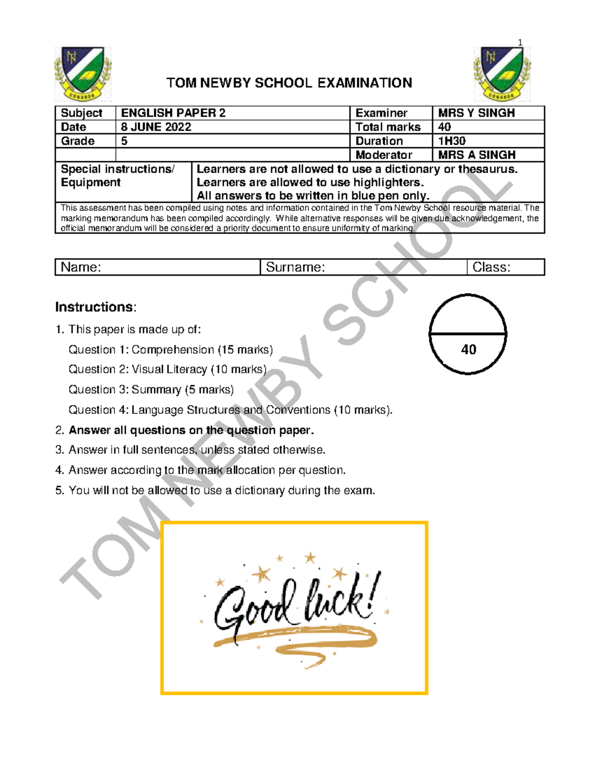 GR5 ENG JUNE 2022 - English Paper 2 Test & Answers for Grade 5 - Studocu