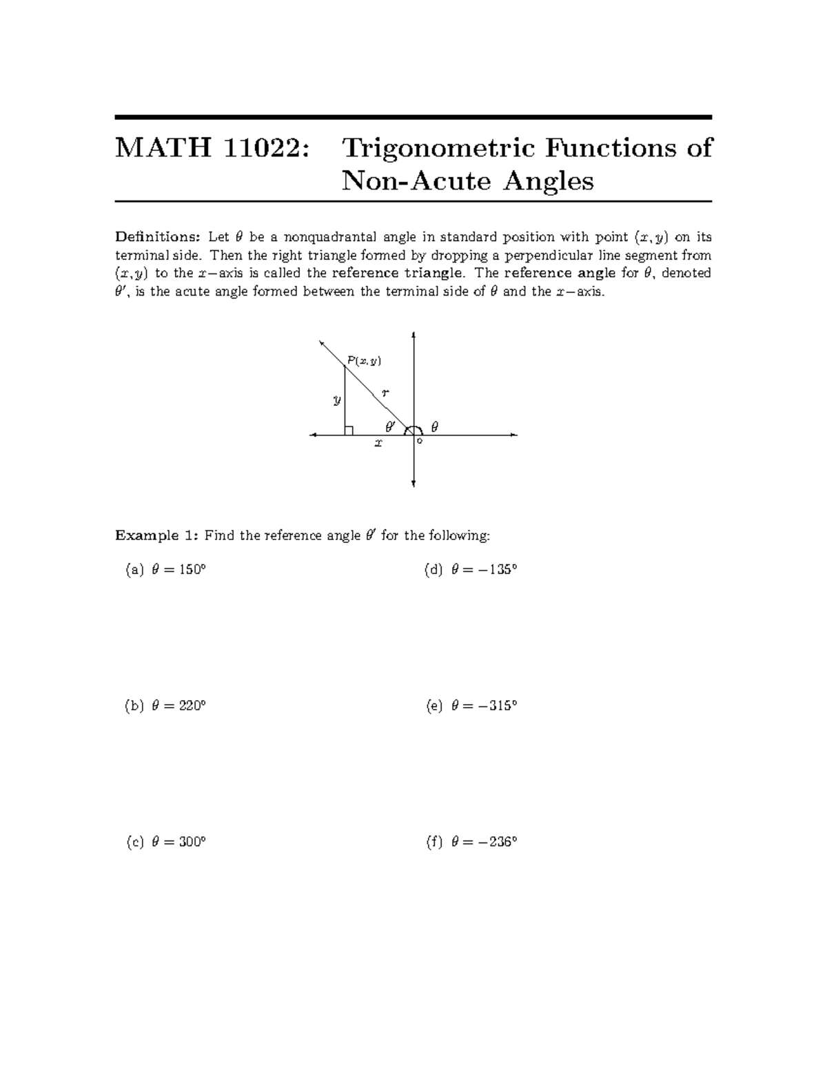 MATH 11022: Trigonometric Functions of Non-Acute Angles Overview - Studocu