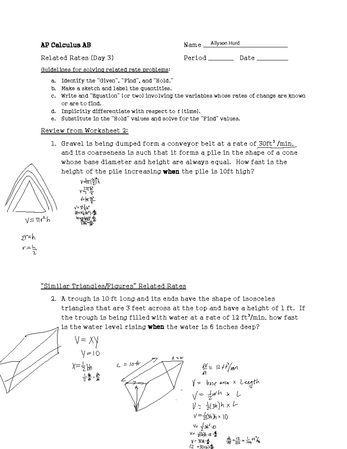 AP Calculus AB - Related Rates Problems Packet (Day 3) - Studocu