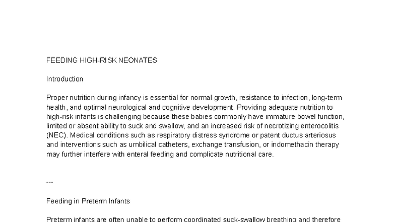 Feeding High-Risk Neonates: Essential Guidelines for Care - Studocu