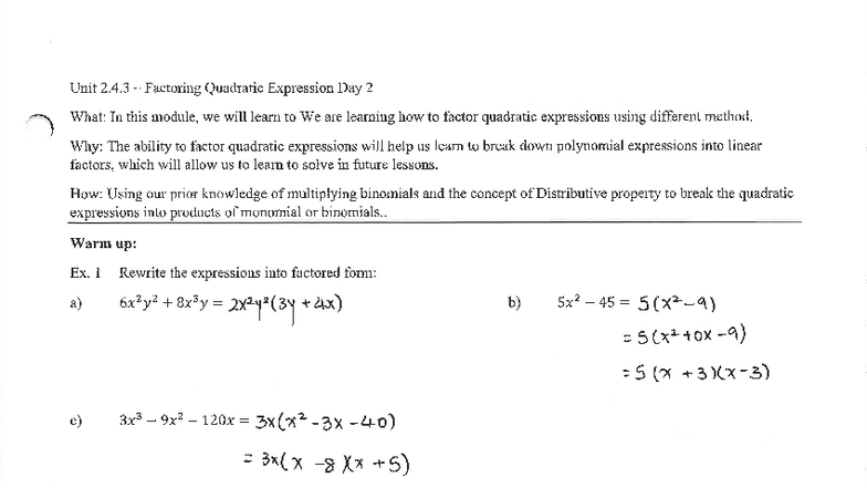 Unit 2.4.3 Factoring Quadratic Expressions Day 2: Completed Notes - Studocu