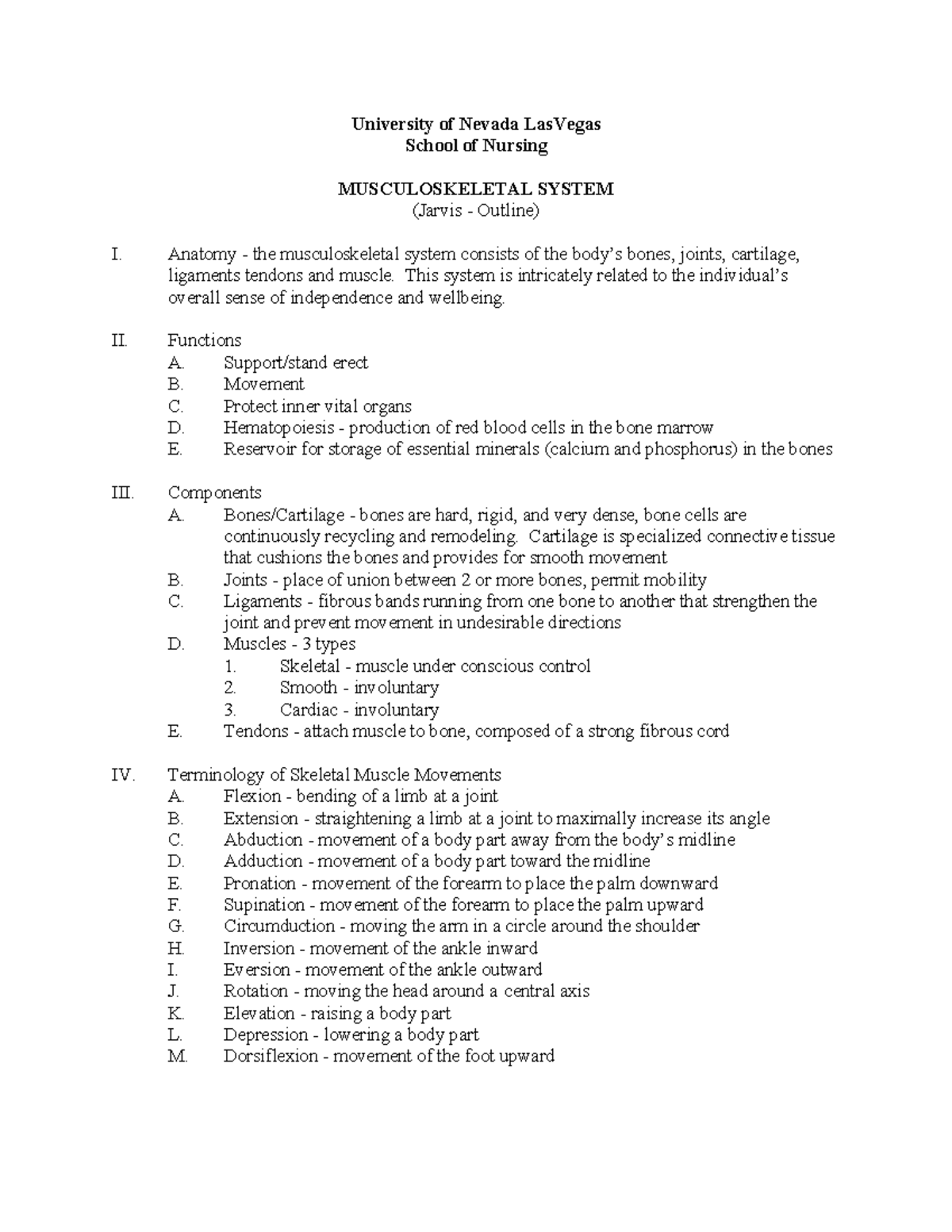 MUS 101: Jarvis Outline on Musculoskeletal System Overview - Studocu