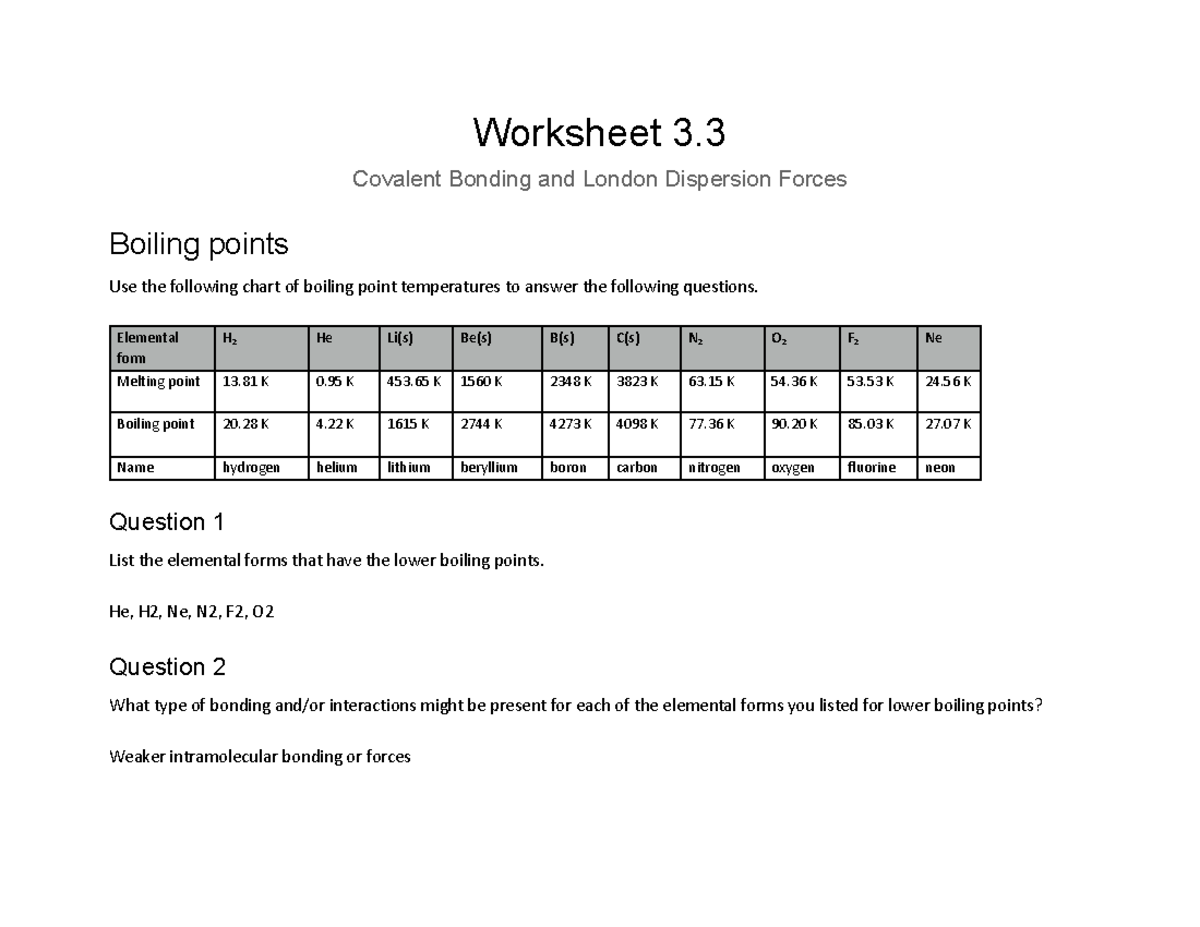 Worksheet 3.3: Covalent Bonding & London Dispersion Forces Analysis ...